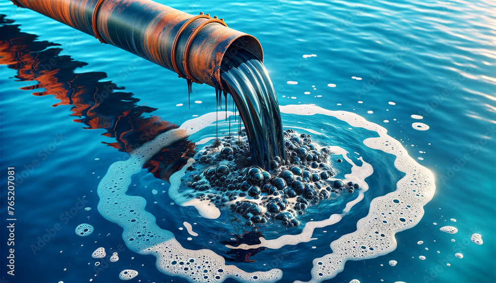 A stream of dark toxic chemical waste pouring from a rusty pipe into a ...