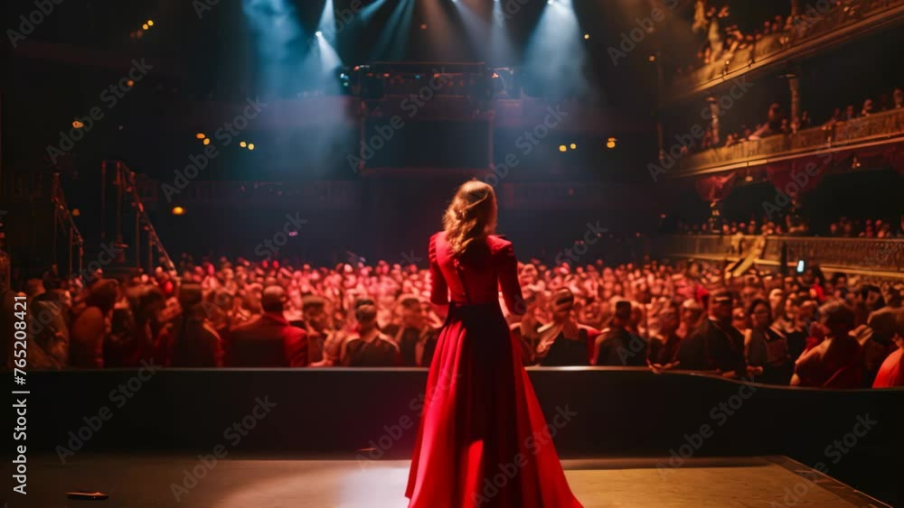 Female singer in red dress standing in front of audience at concert ...