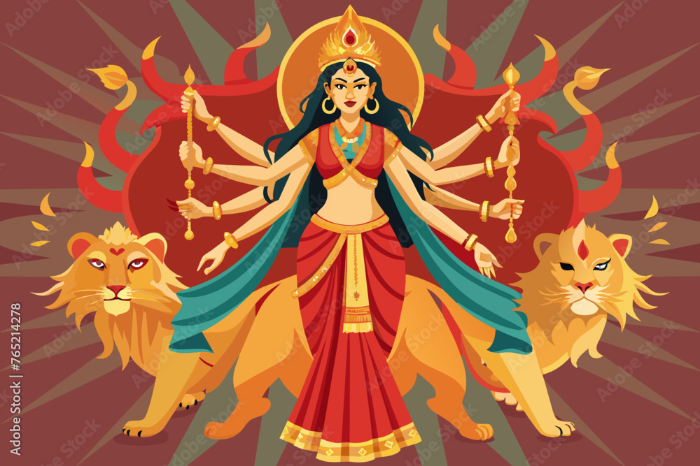 Vetor de nine hands maa durga with nine hands with full poses on lion ...