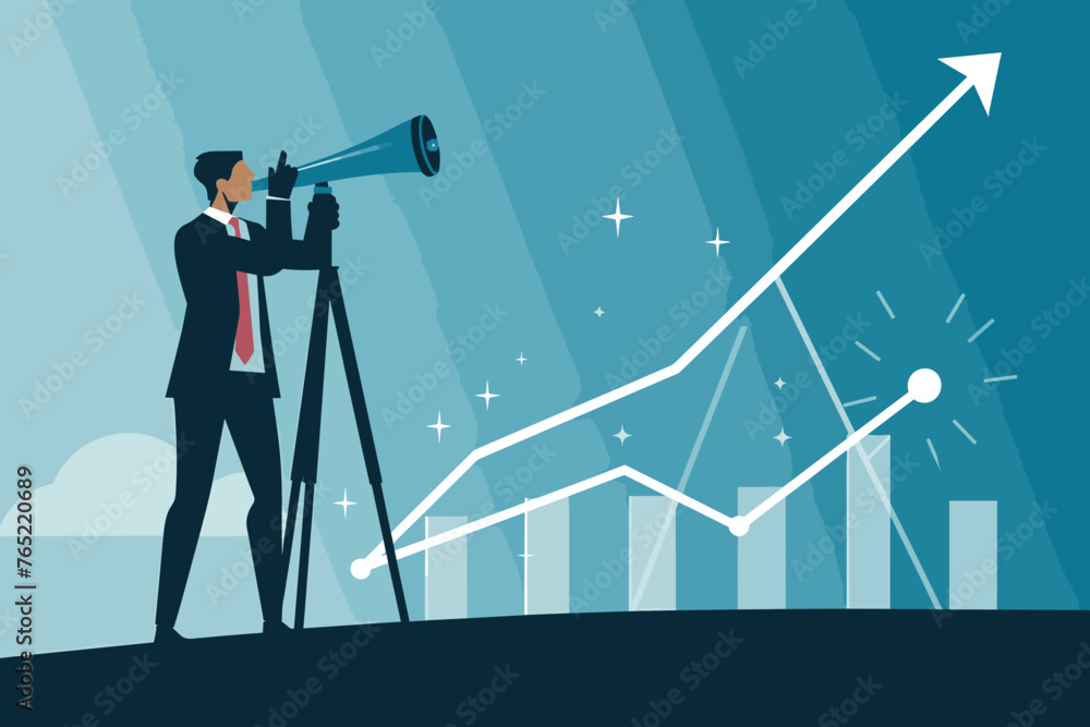 Visionary Businessman Peering Through Telescope at Rising Graph ...