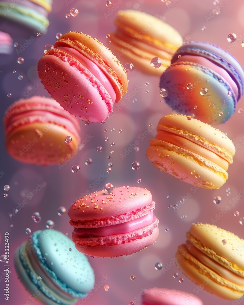 Colorful floating macarons with water droplets in mid-air. Macarons ...