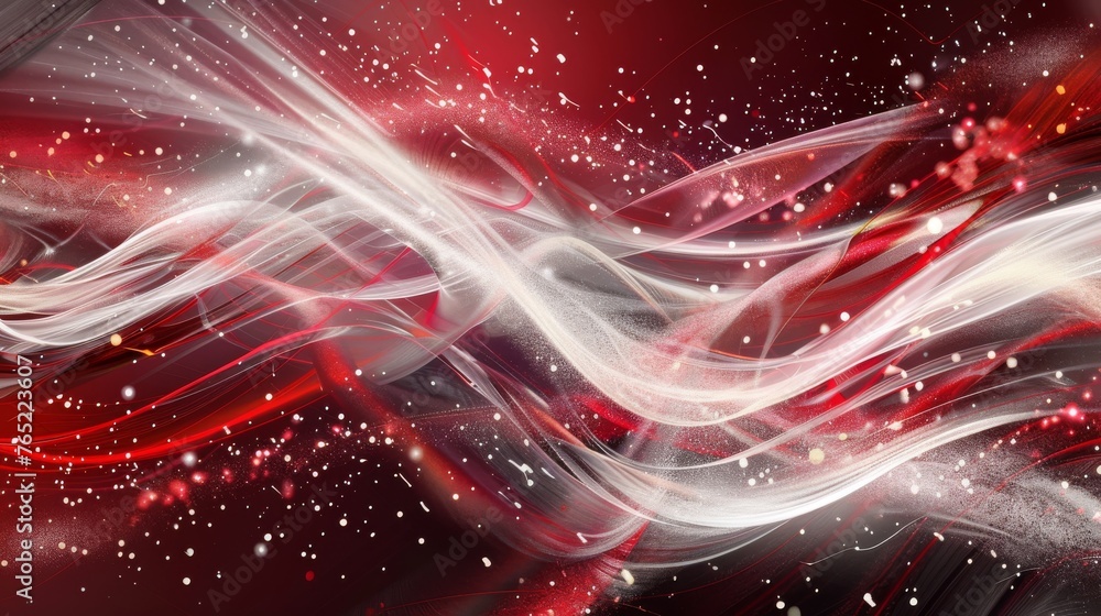 Red and white abstract waves with sparkling effects on black background ...
