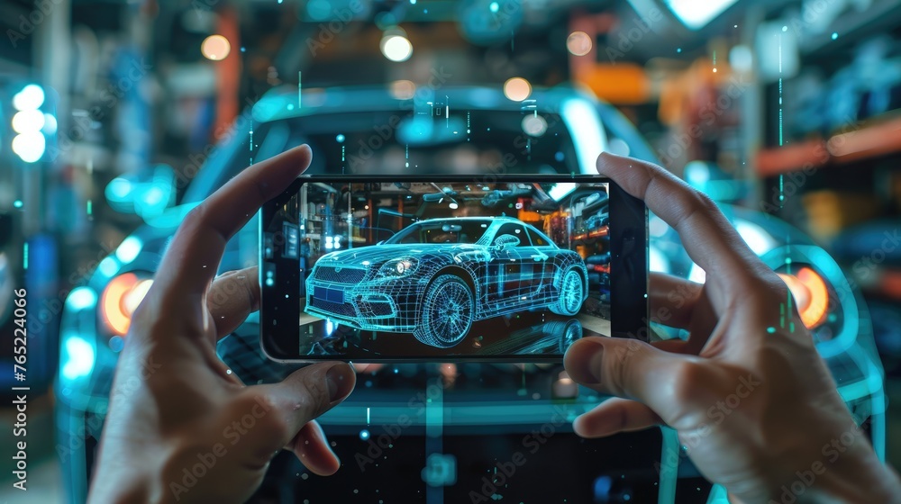 Augmented reality auto repair tutorials with step-by-step guidance, solid color background, 4k ...