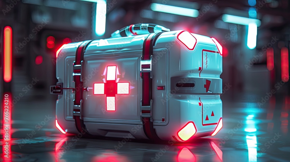 Futuristic emergency medical kit, telehealth capabilities, AI ...