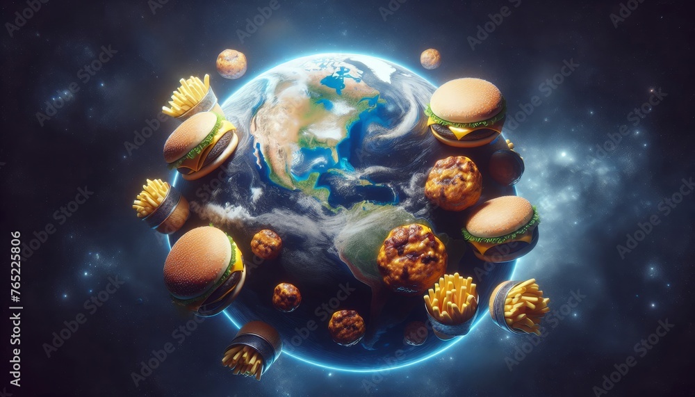 Planet Earth surrounded by junk food and fast food. Eco concept. Earth ...