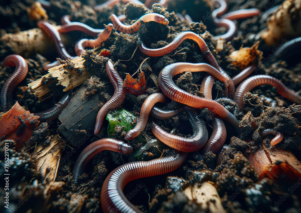 Macro shot of earthworms in compost, highlighting their role in ...