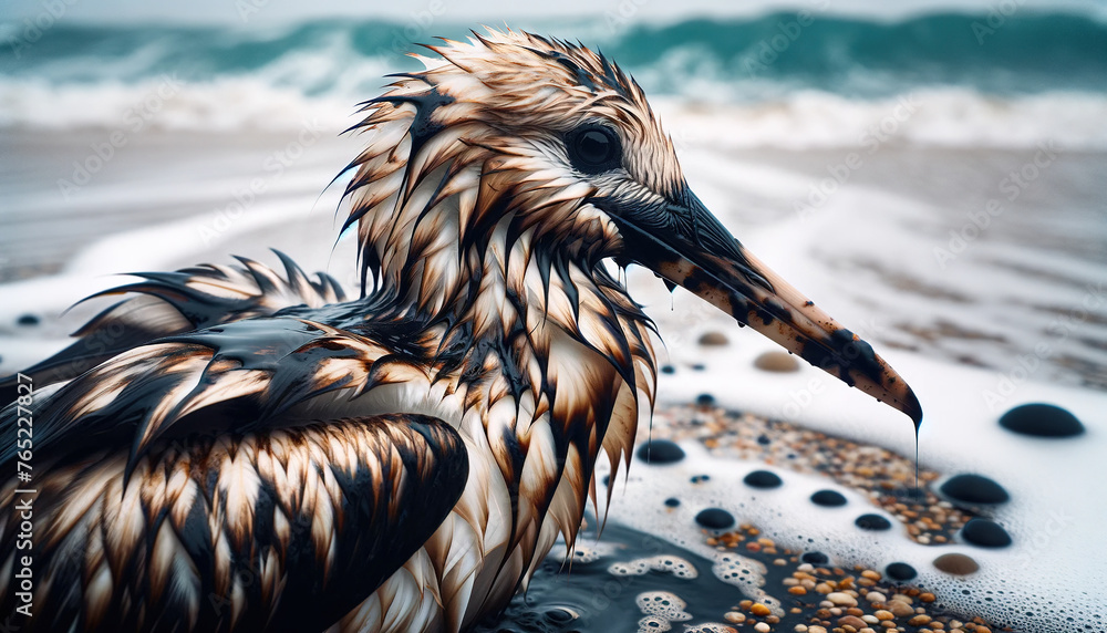 Detailed view of a seabird covered in oil from a beach spill, focusing ...