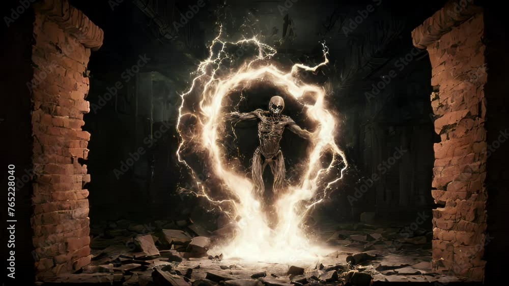An eerie skeleton appears within an electric vortex, summoning ancient ...