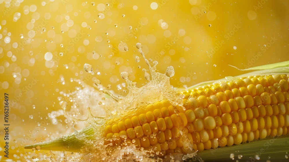 A ripe ear of corn glistening with moisture with dew and water droplets ...