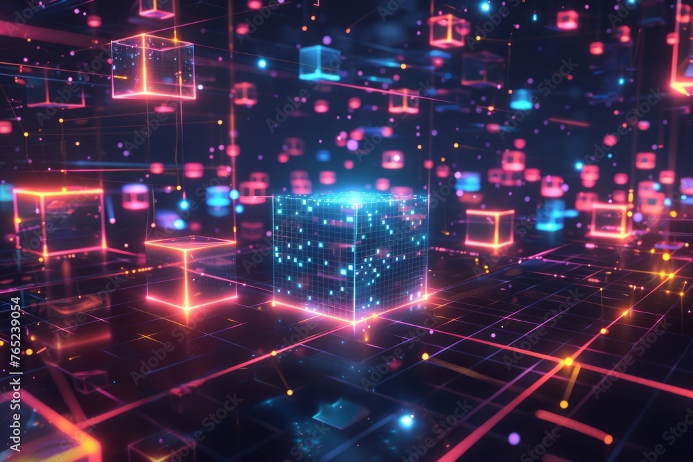 Digital art of glowing neon data points and pixelated code blocks ...