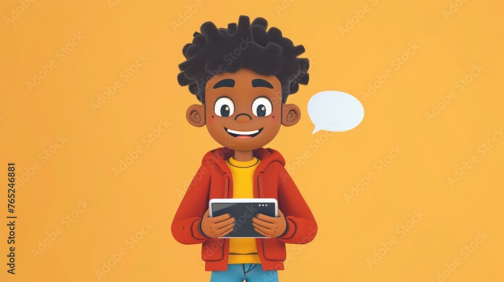 An animated cartoon character holding a tablet with a speech bubble ...