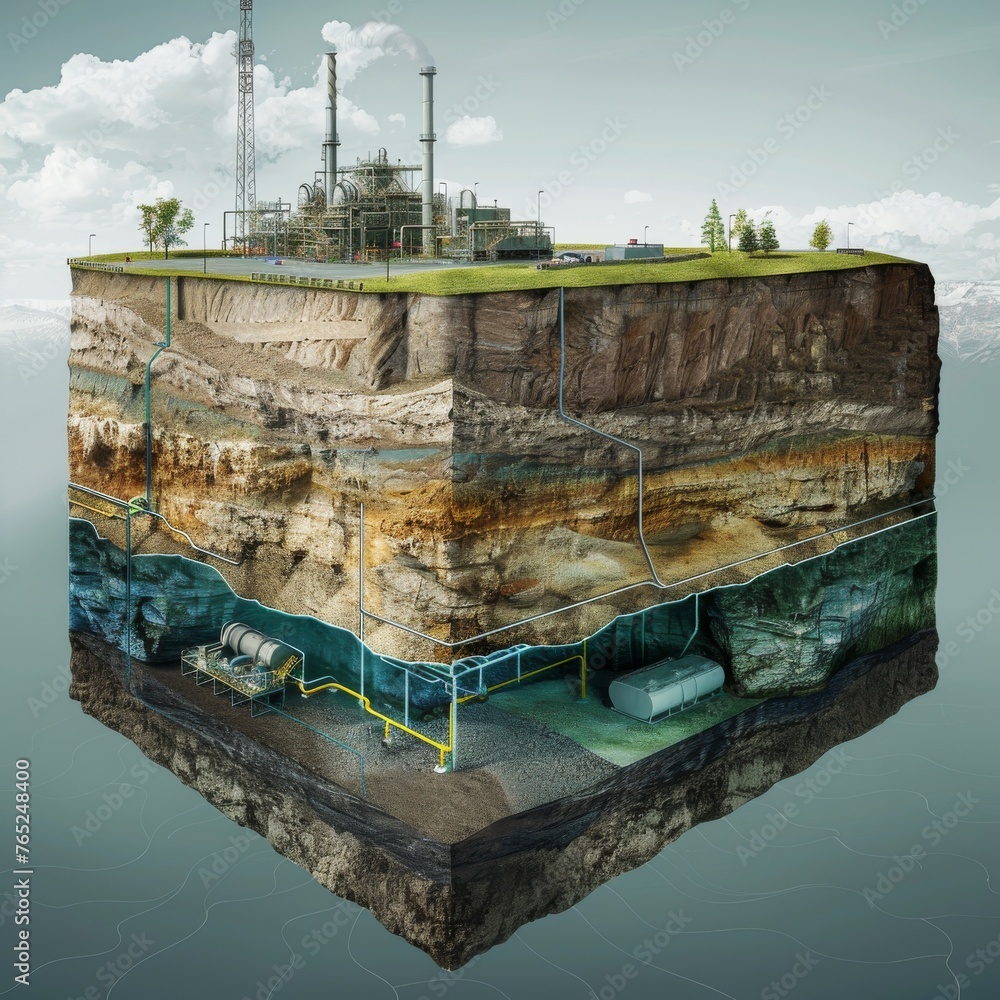 Artistic cross-section view of a geothermal power plant, showcasing the ...