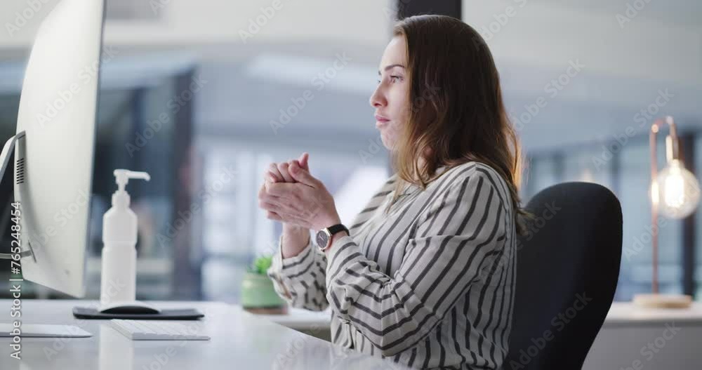 Computer, sanitizer and business woman in the office for research on ...