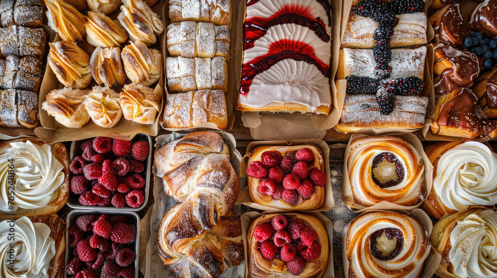 Assortment of Danish pastries in a bakery display, Top view, Elegant ...