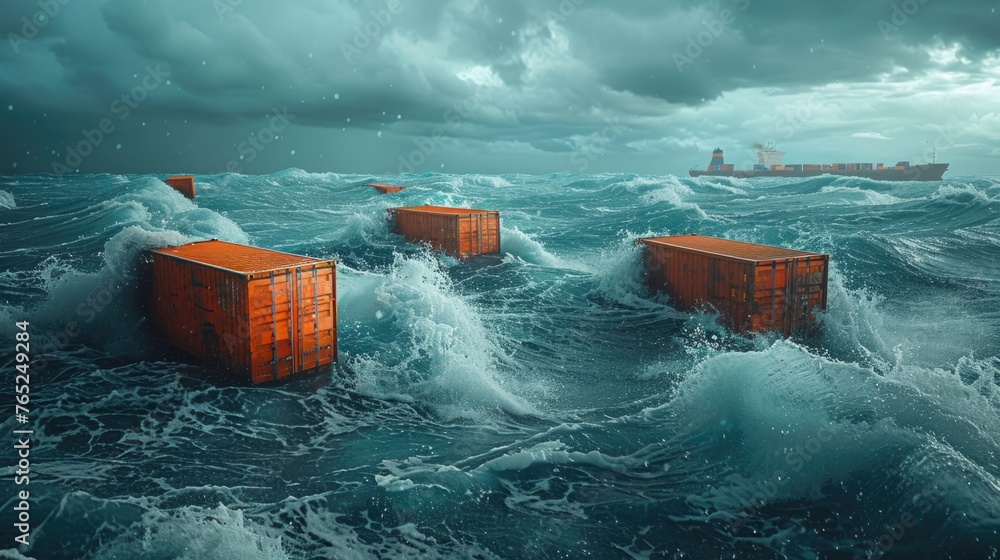floating cargo containers from logistic cargo ship with wave after big ...