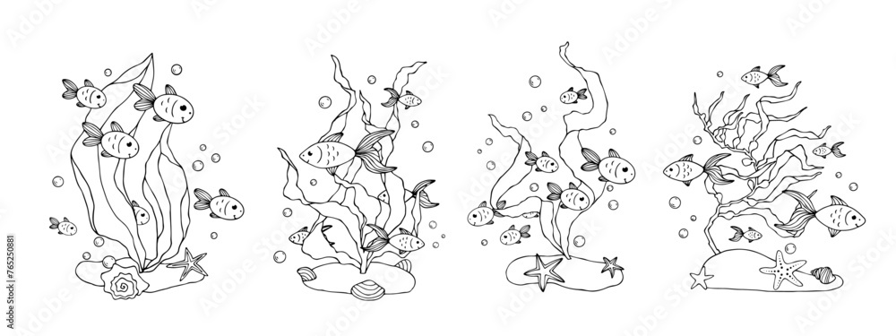 A set of sketches and coloring pages with schools of fish in seaweed ...