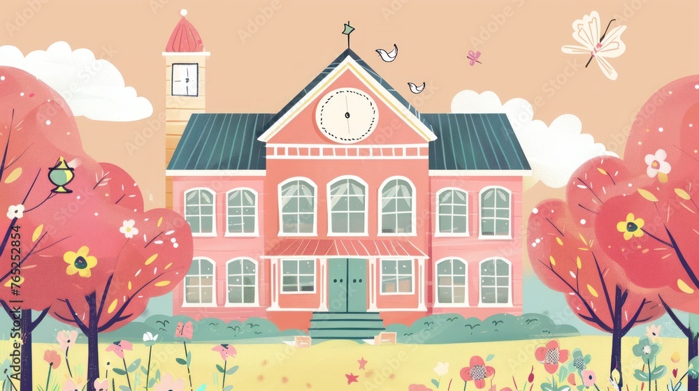 Hand drawn school building cartoon on pastel color background. AI ...