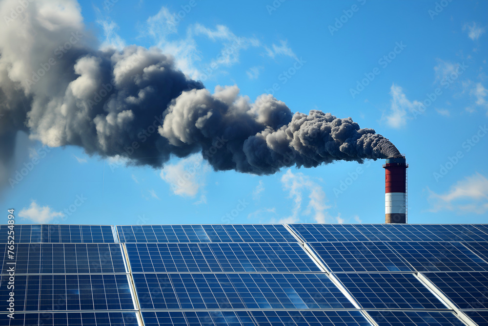 Modern Solar Panels In Field Contrasting A Huge Chimney With Thick ...