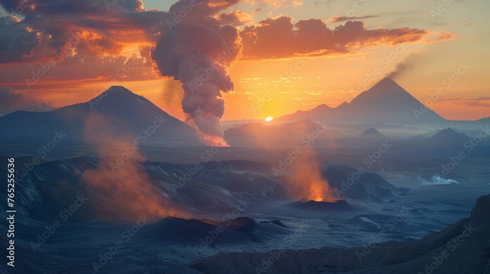 The sun sets behind a range of tall volcanoes casting an otherworldly ...