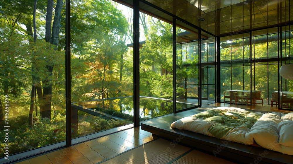 Japanese glass house, a bedroom filled with traditional furniture with ...