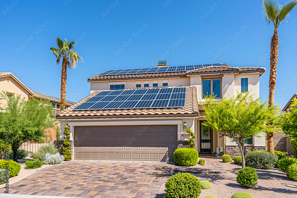 Modern Solar Panels Installed On A Las Vegas Home Under Clear Blue ...