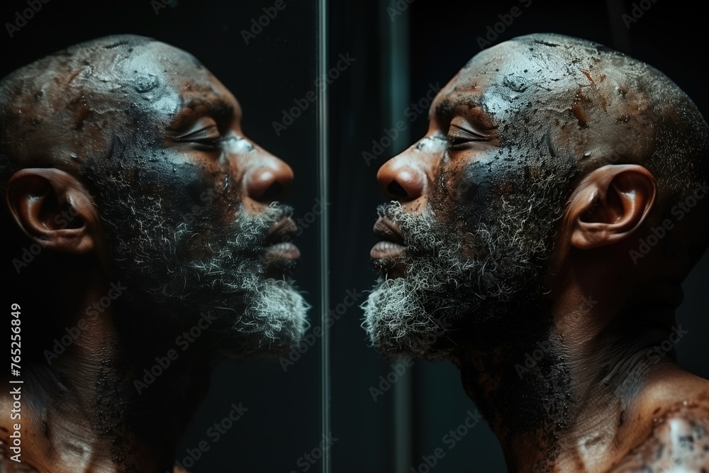 Foto de Introspective Portrait: Black Man Contemplates in Mirror, Self ...