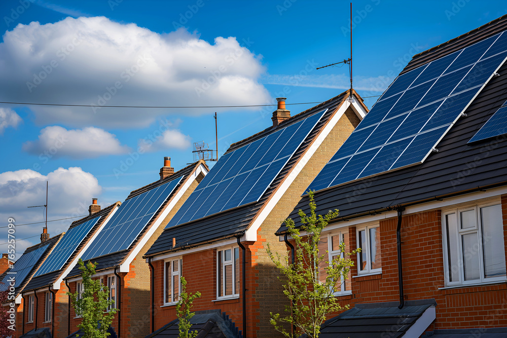 Modern Solar Panels Installed On UK Semi-detached Homes Under Clear ...