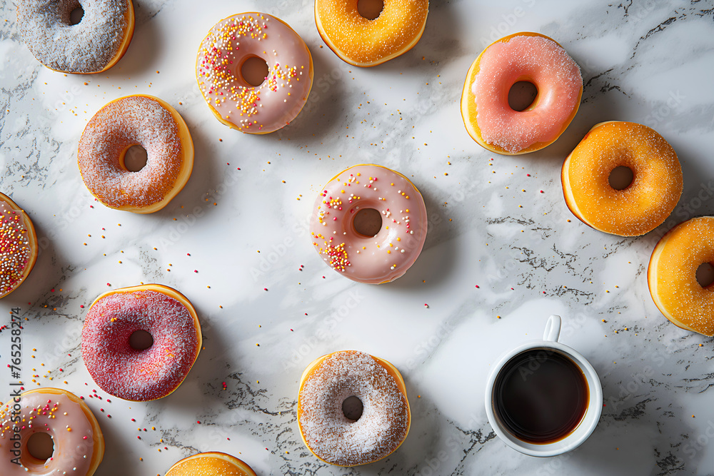 Overhead Shot Of Donuts Scattered On A Table Bakery Background, Bakery ...