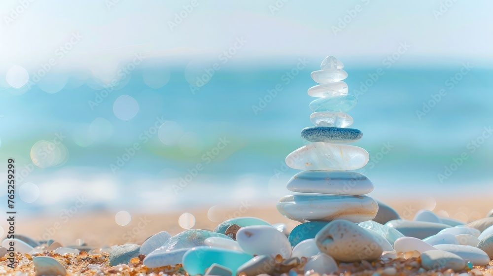 Sea glass Zen stones arranged in a balanced pyramid on the beach ...