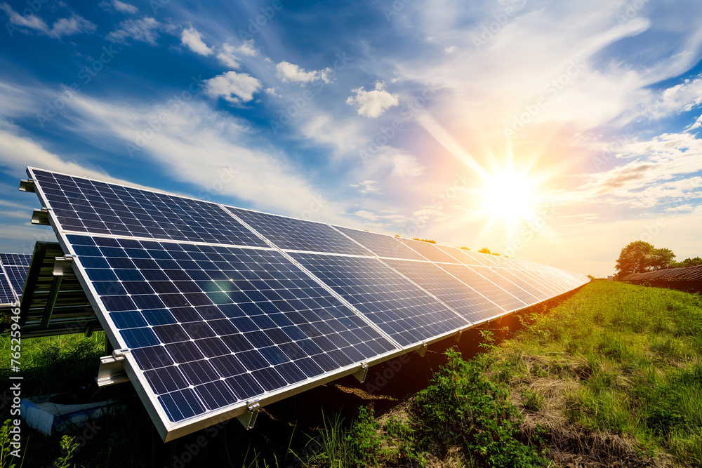 Modern Solar Panels In Vast Field Under Clear Blue Sunny Sky, Solar ...