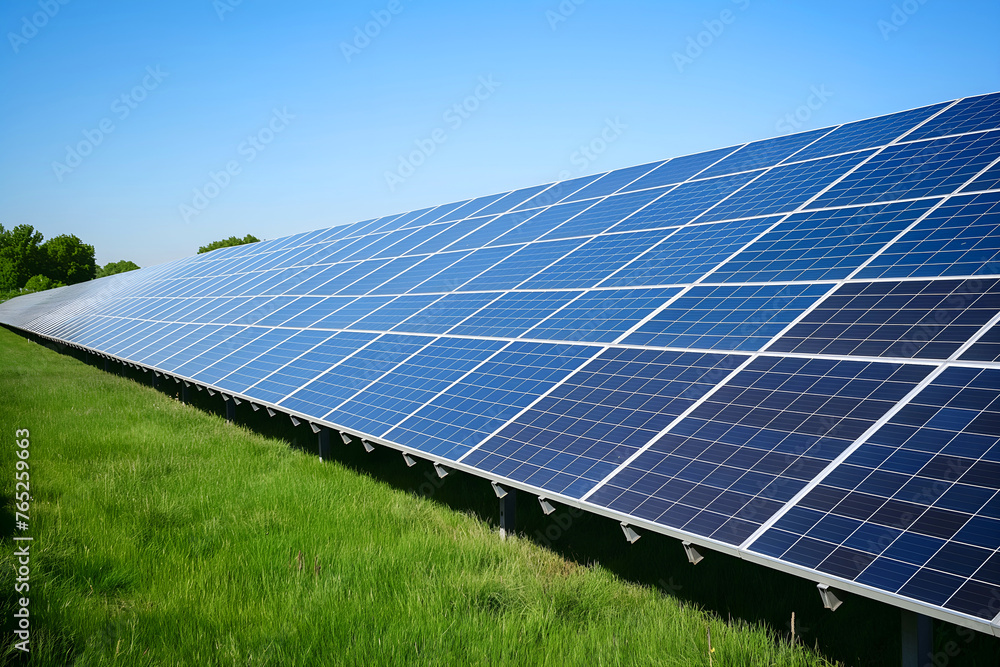 Modern Solar Panels In Vast Field Under Clear Blue Sunny Sky, Solar ...