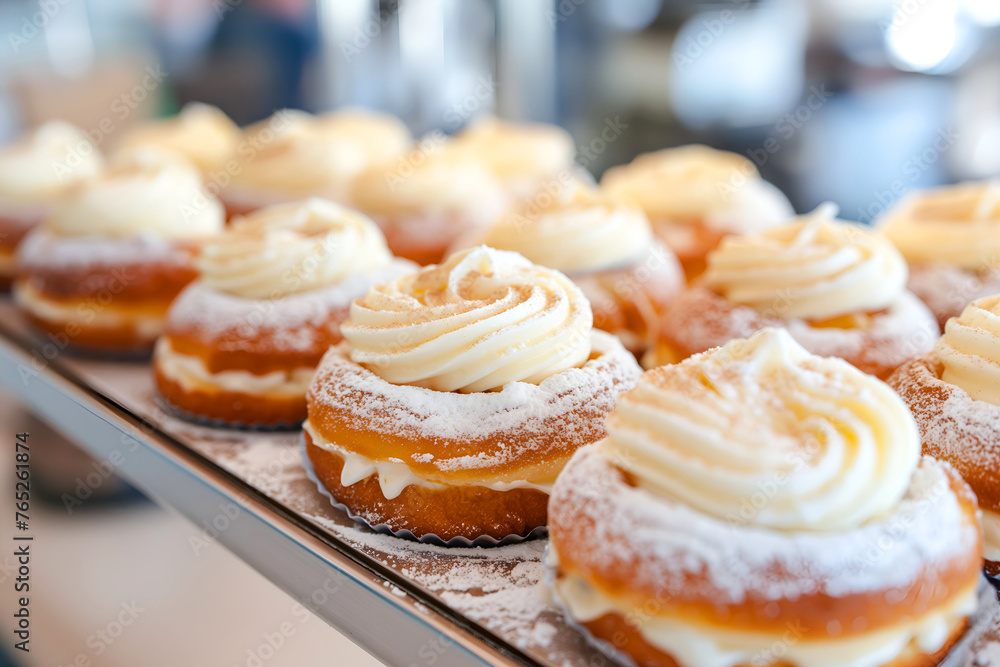 Close-Up Freshly Made Cream-filled Donuts Displayed On A Trays In ...