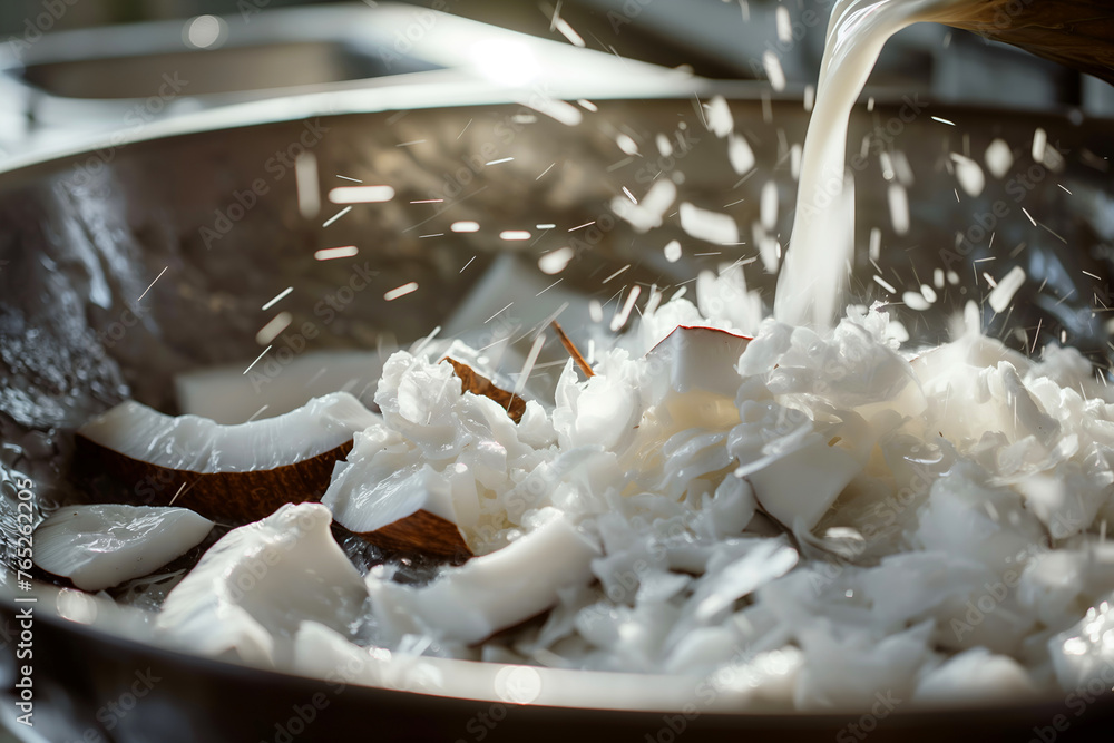 Close-Up Coconut Milk Extraction Process Shown With Fresh Coconut ...