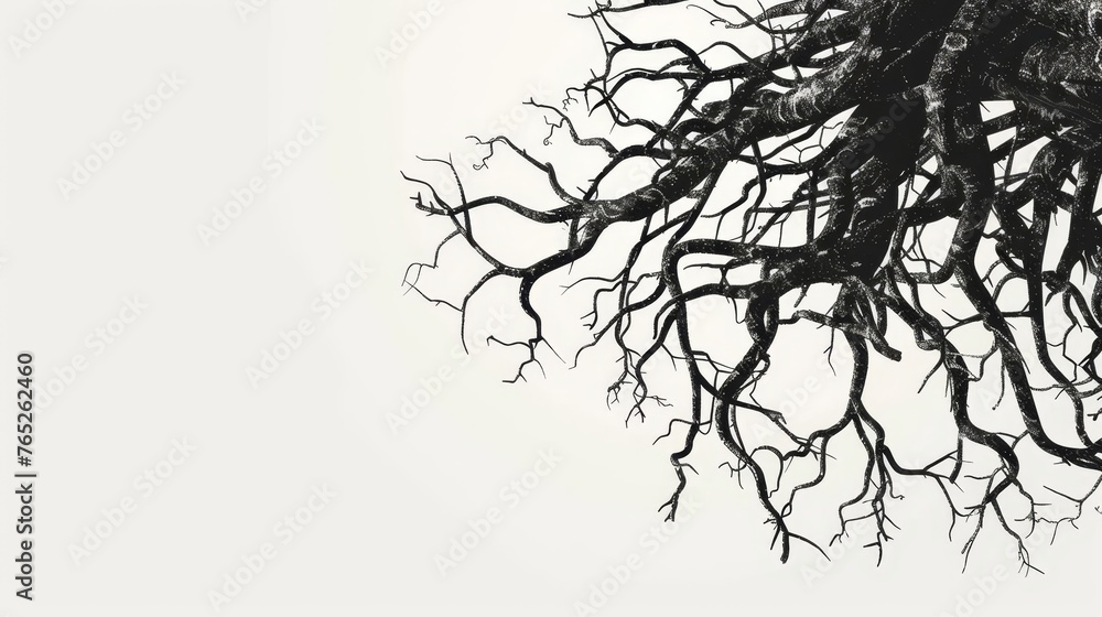 intricate tree roots intertwined on blank white backdrop, minimalist ...