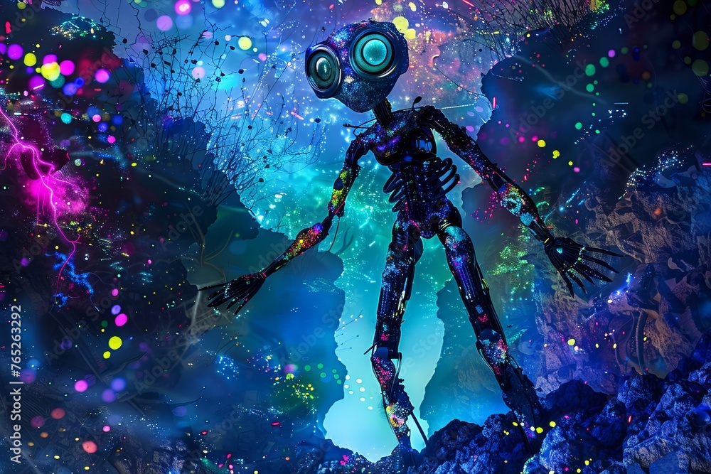 An alien drawing shows a humanoid alien standing in a futuristic ...