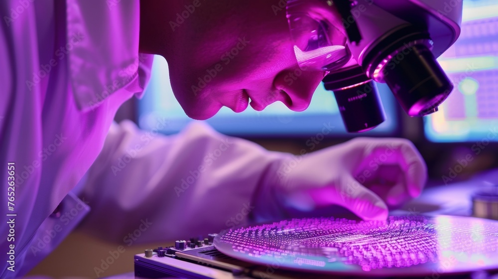A technician inspects a silicon wafer under a microscope carefully ...