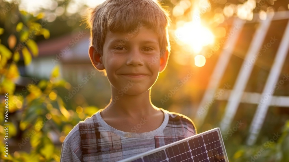 A young boy proudly holding up a homemade solar cell explaining to his ...