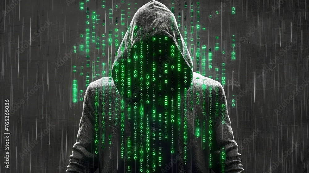 Hooded hacker with binary code overlay, dramatic illustration of ...