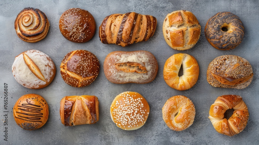 Bakery - various kinds of breadstuff. Bread rolls, baguette, bagel ...