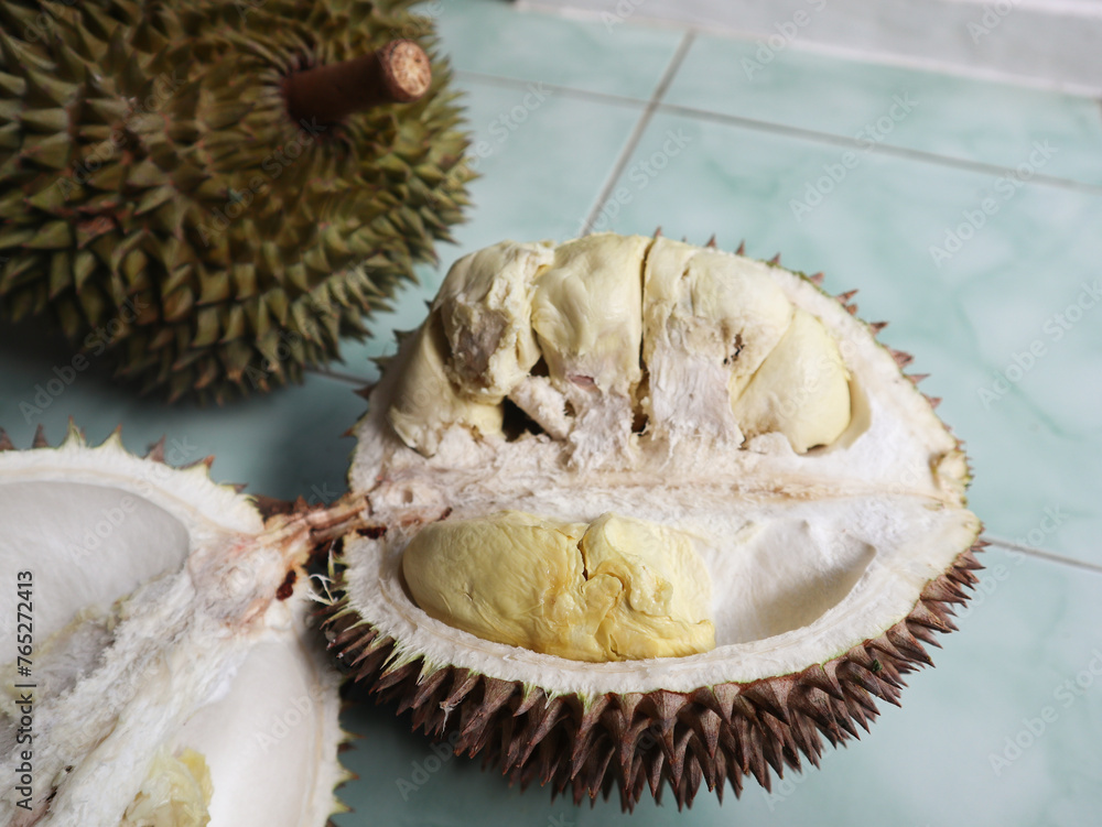 Durian fruit with cut in half, Durian riped and fresh, durian peel on ...