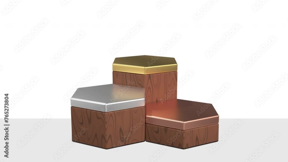Gold, silver, and bronze podium in hexagon shape animation for winner ...