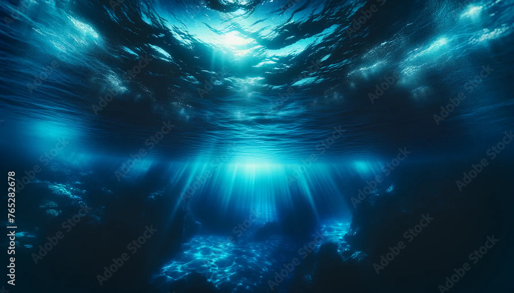 The dark blue ocean surface from an underwater perspective Stock Photo ...