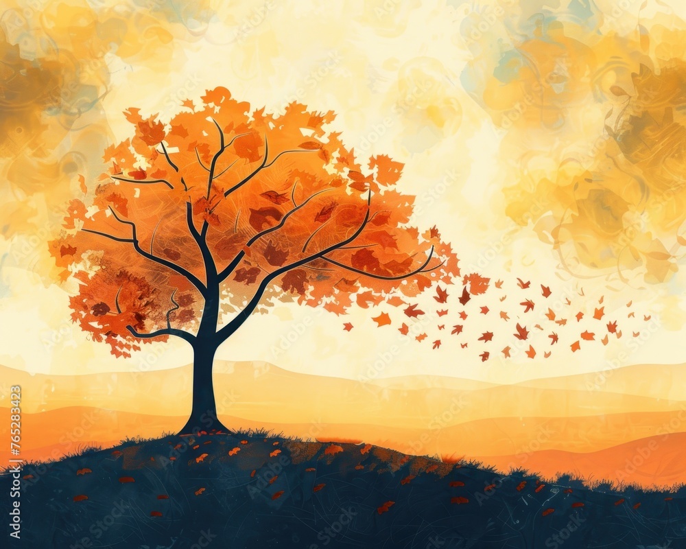 Under the calming hues of twilight, an illustrated solitary tree ...