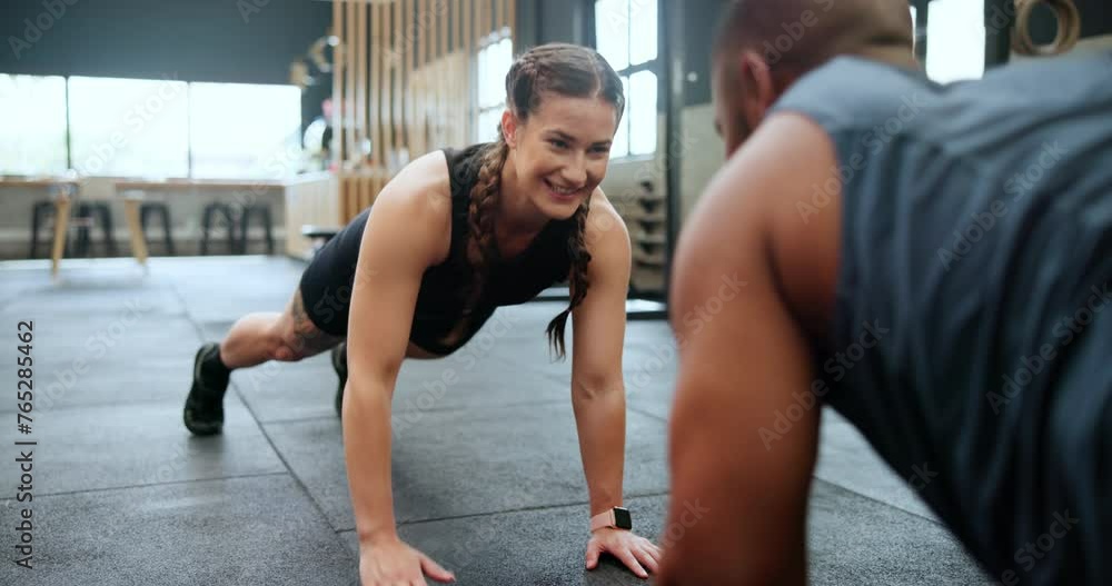 People, fitness and push ups with high five in exercise, workout or ...