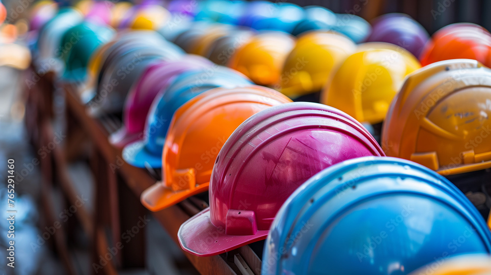 A vibrant assortment of hard hats stacked on top of each other ...