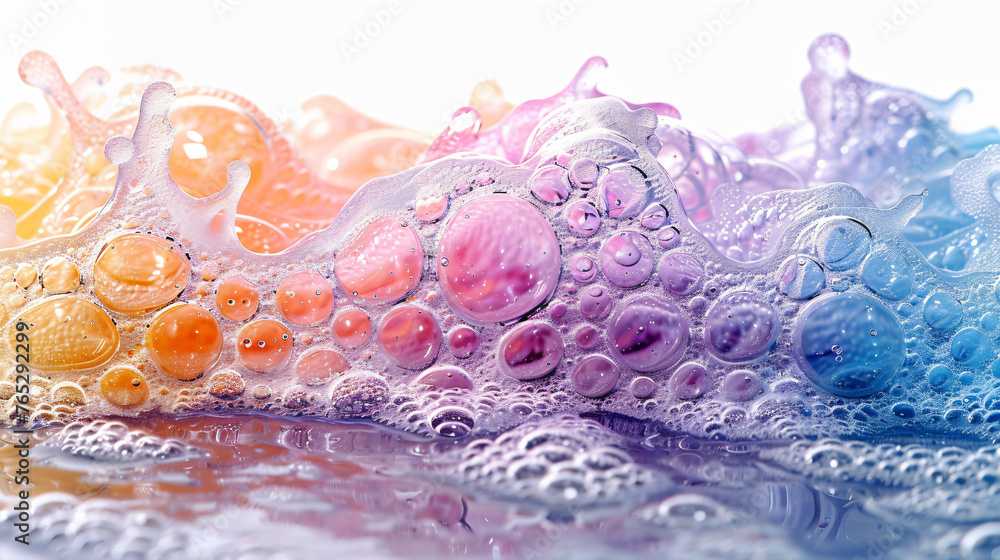 Colorful frothy bubbles on a liquid surface, concept: cleaning products ...
