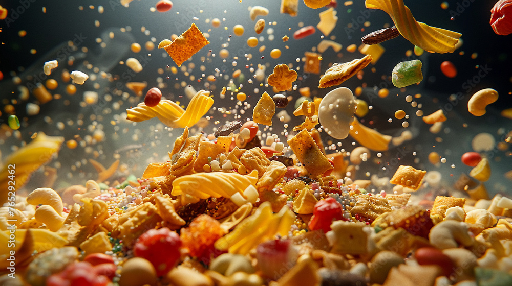 Dynamic mix of various snack items mid-air suggesting an explosion of ...