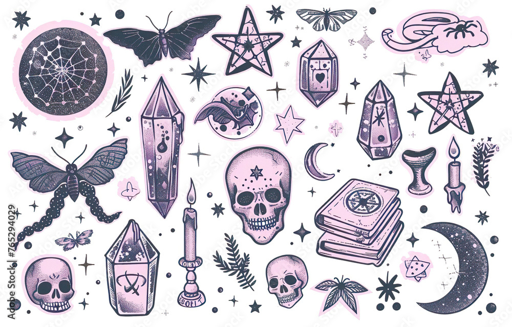 Pastel Goth Vector Sticker Set: Darkly Whimsical Designs with Crystals ...