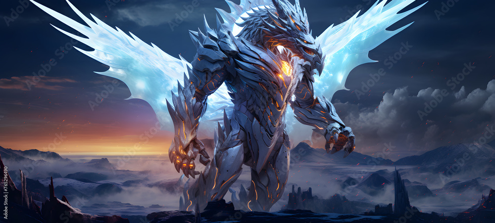 photograph of a Transformers robot white dragon adorned in celestial ...