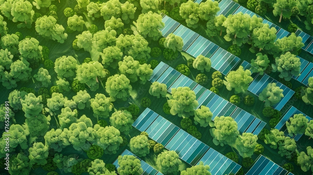 A birds eye view of a vast green forest where a clearing has been made ...